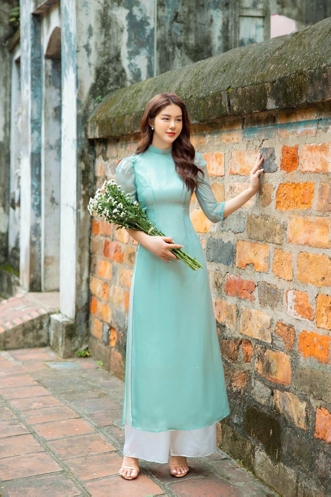 Cyan Pearl Shoulder Chiffon Ao Dai Set cyan Pants Pre-made Modernized ...