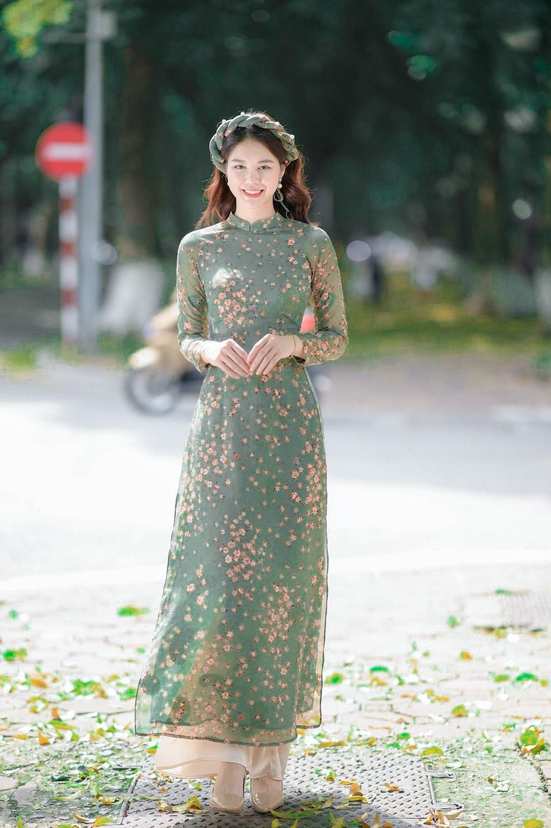 Green Mini Flowers Chiffon Ao Dai Set With Headband FL| Pre-made ...