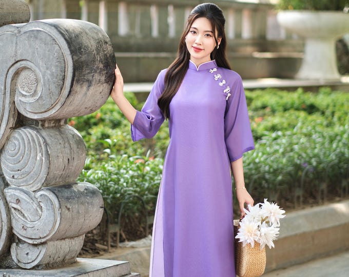 Lavender Vietnamese Traditional Ao Dai Long Dress With 3D Flower ...