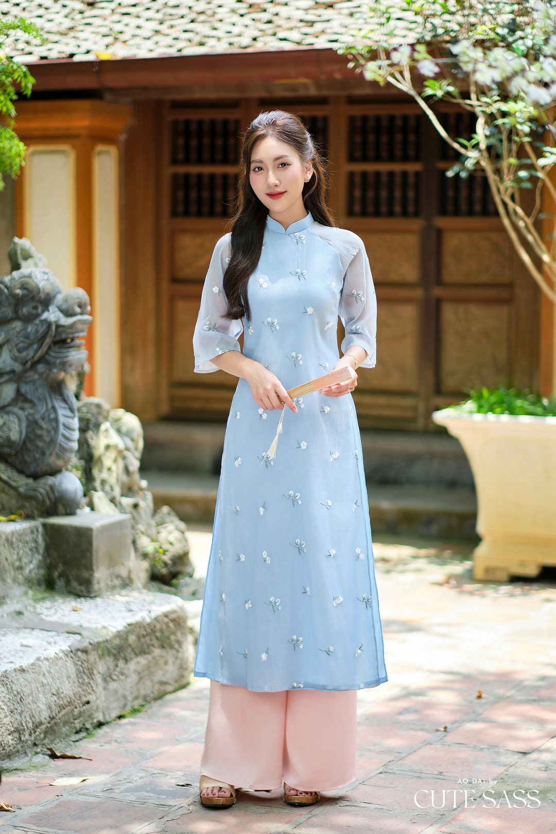 Shifted Blue Chiffon Embroidery Lilac Ao Dai Top Only, NO PANTS 7C |pre ...