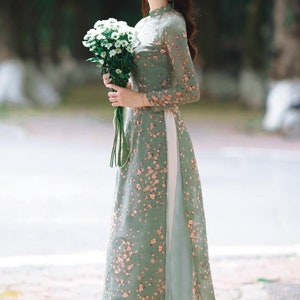 Green Mini Flowers Chiffon Ao Dai Set With Headband FL| Pre-made ...