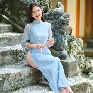 Shifted Blue Chiffon Embroidery Lilac Ao Dai Top Only, NO PANTS 7C |pre ...