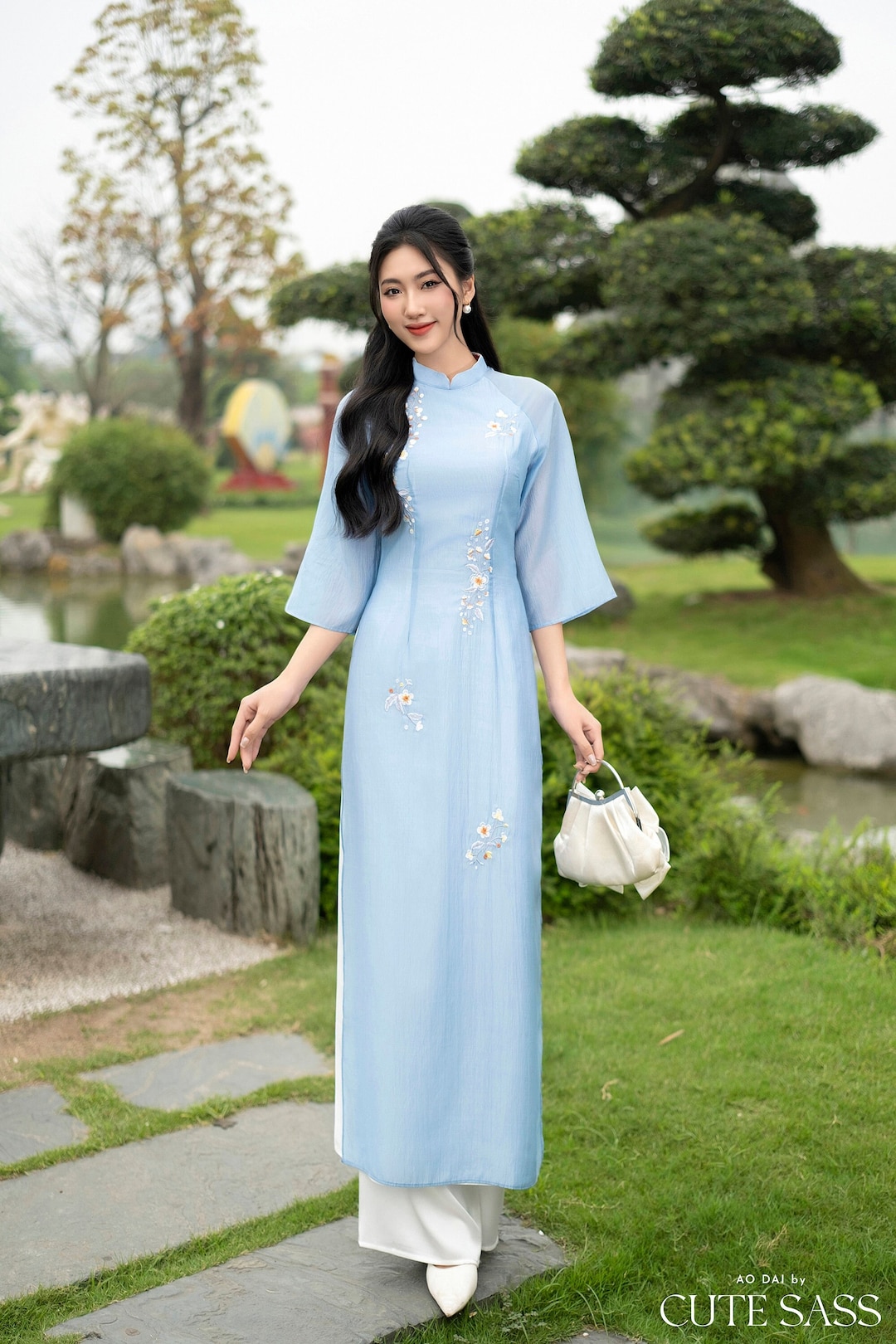 Blue Embroidery Chiffon Ao Dai Set pre-made Modernized Vietnamese Ao ...