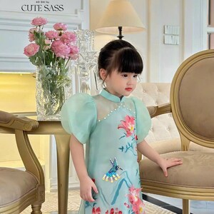 Mom and Daughter Cyan Pearls Ao Dai Set Pre-made Traditional Vietnamese ...