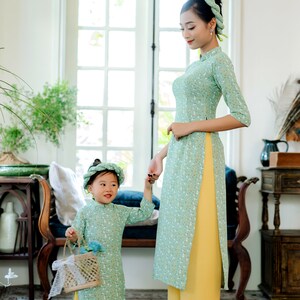 Mom and Daughter Cyan Matching Ao Dai Set With Headbands Pre-made ...