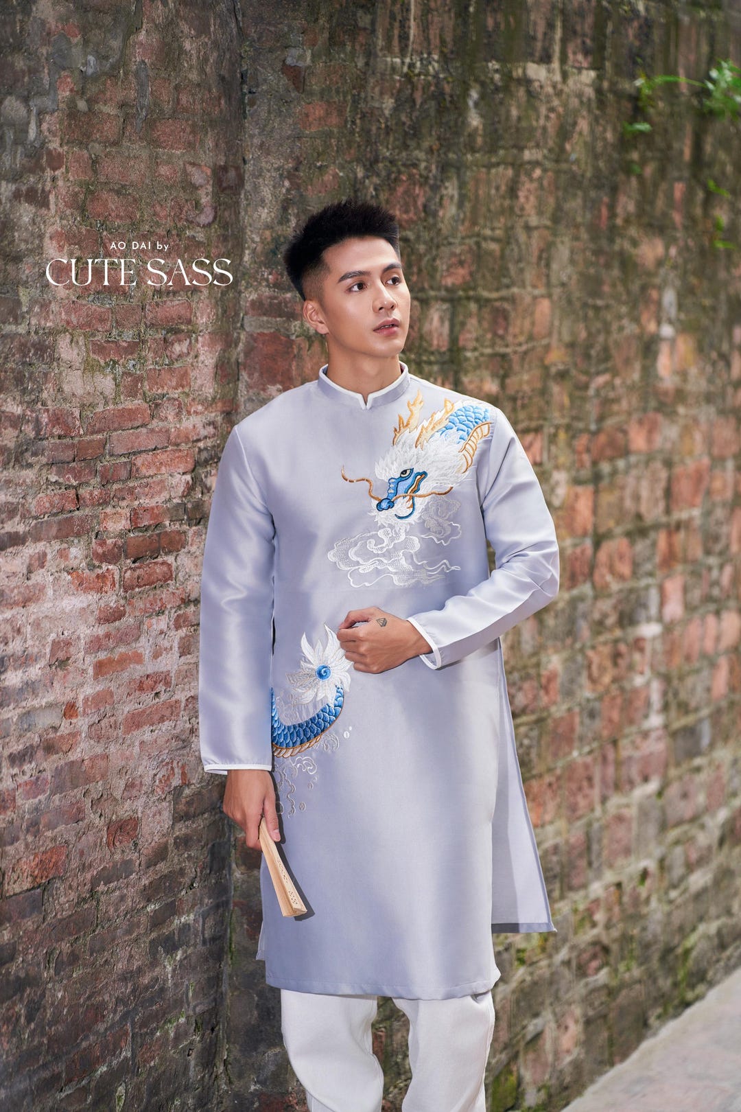 Men Gray Embroidery Dragon Ao Dai Top 4E | Pre-made Traditional ...