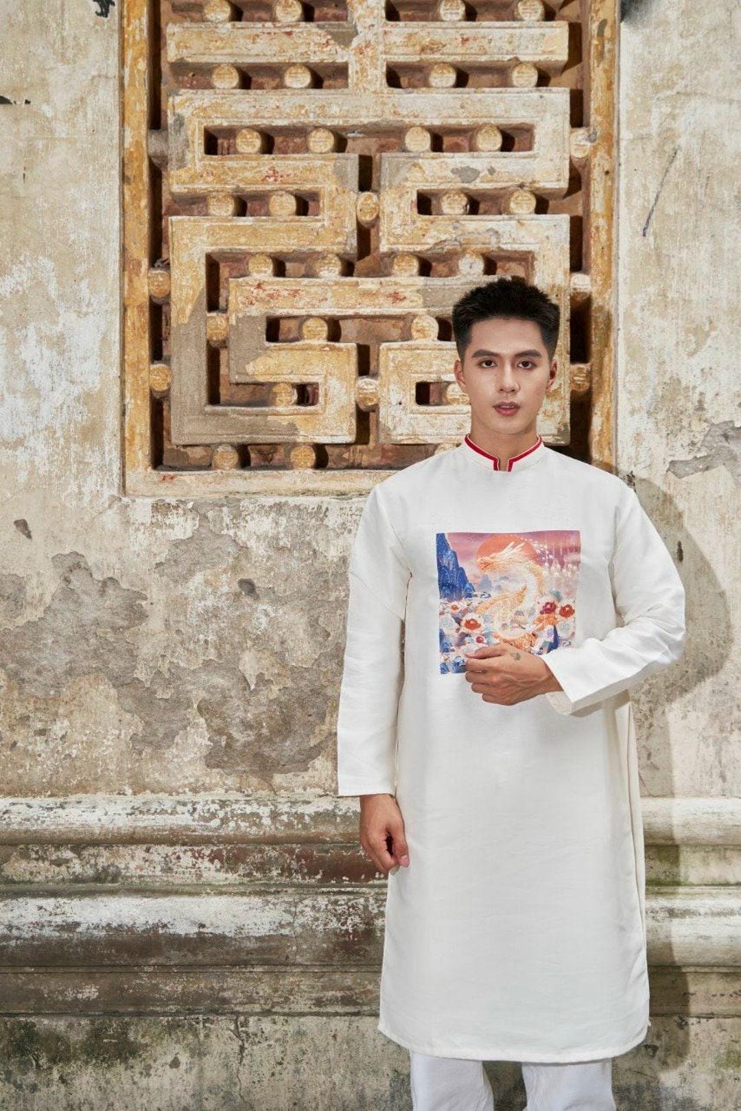 Men White Printed Dragon Ao Dai Top 39C | Pre-made Traditional ...