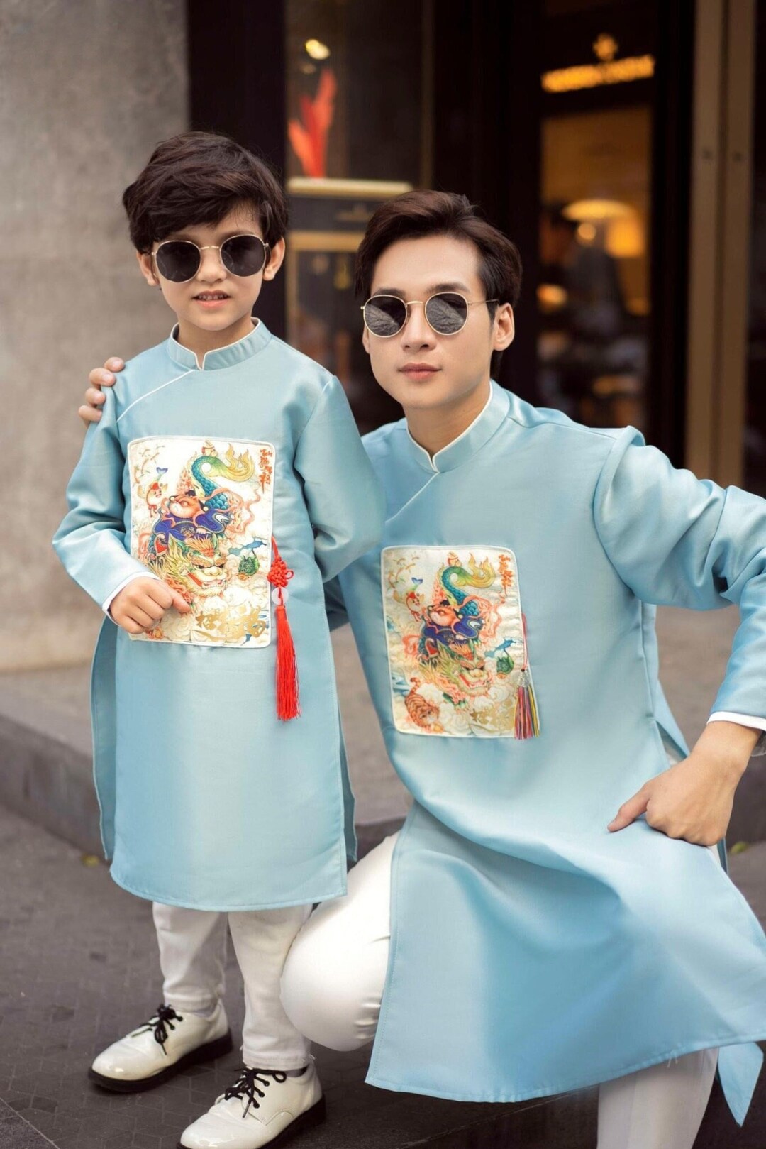 Men and Boy Blue Lan Ao Dai Set Pre-made Vietnamese Ao Dai Lunar New ...