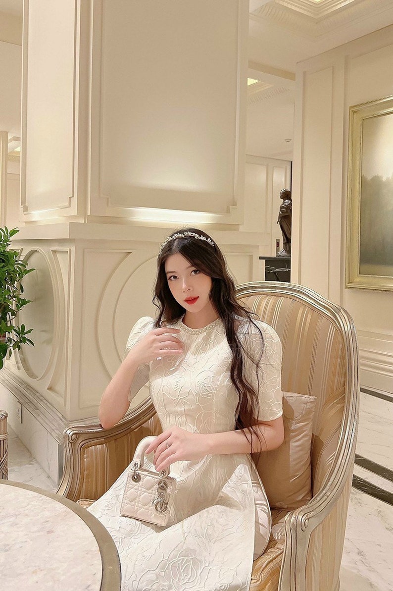 White Pearl Cut-out Puffy Sleeve Ao Dai Set Pre-made - Etsy