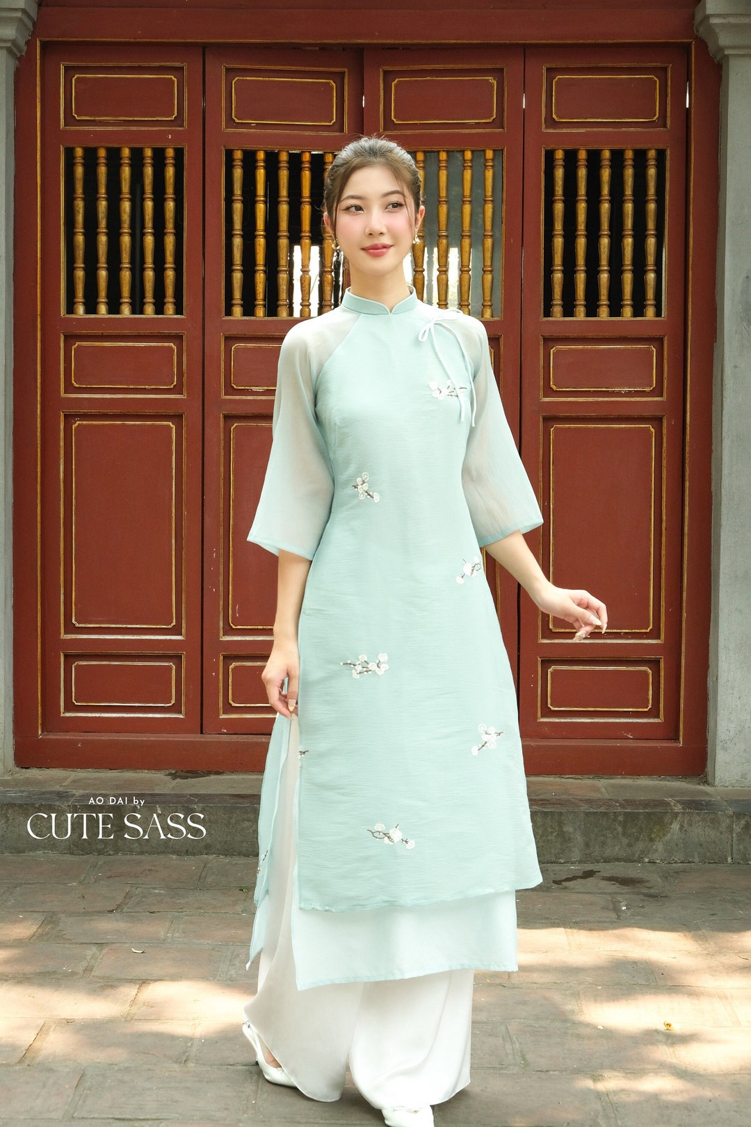 Shifted Cyan Bow Ao Dai Set 40c|pre-made Modernized Vietnamese Ao Dai ...
