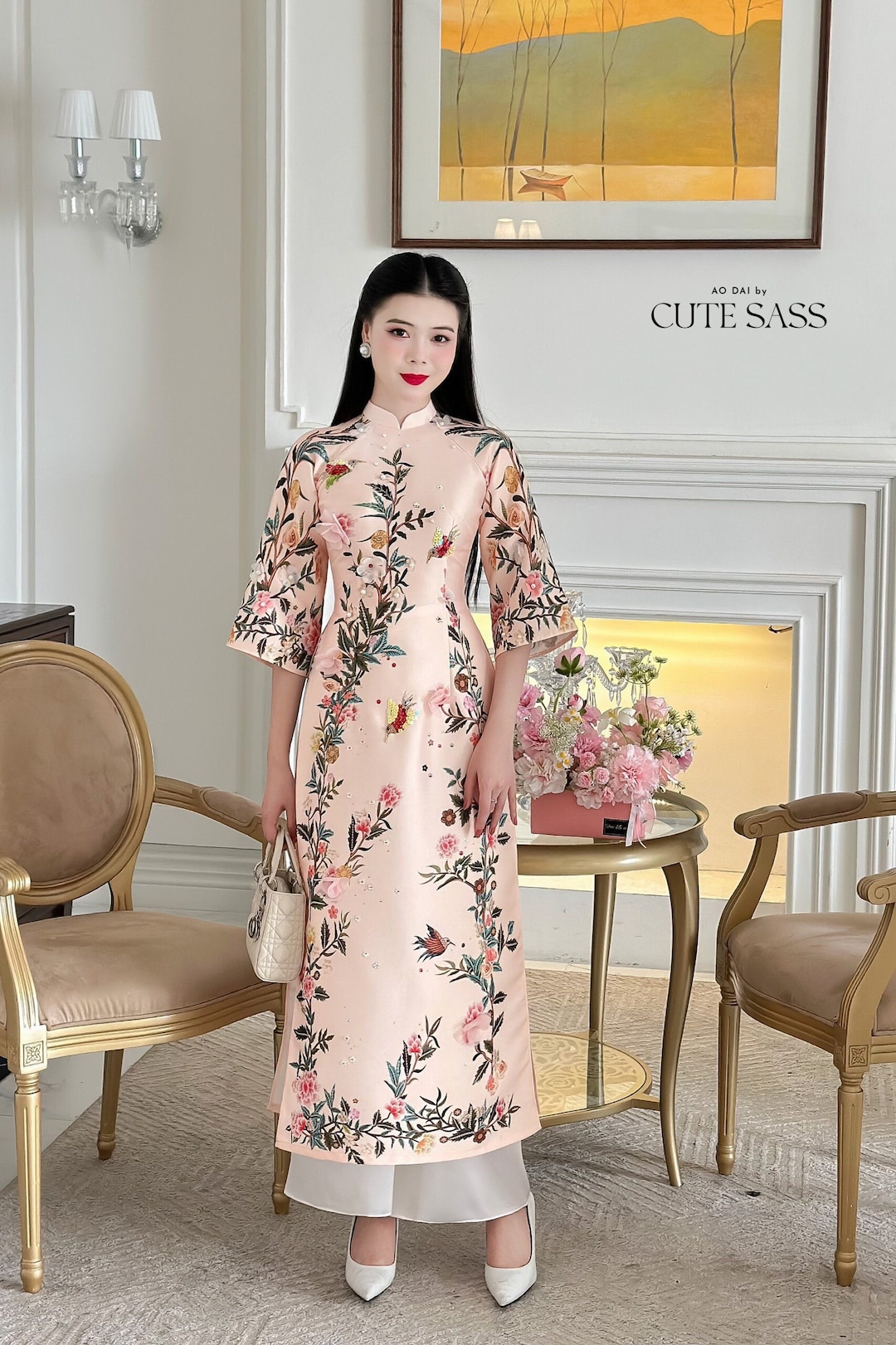 Beige Sparkle Garden Ao Dai Set 39c| Pre-made Traditional Vietnamese Ao Dai|ao Dai With Pants ...