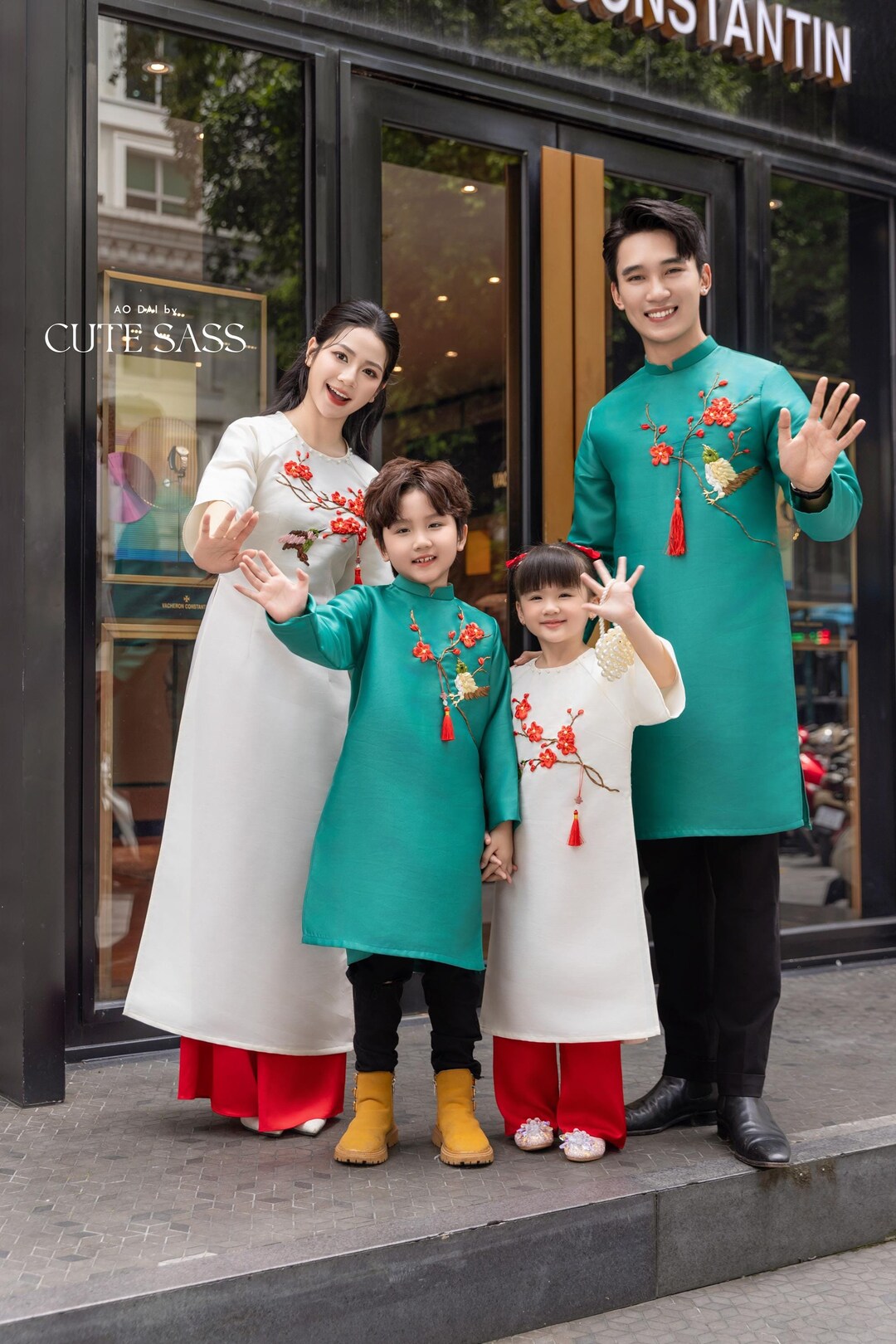 Cat Tuong - Family Cream/turquoise Ribbon Matching Ao Dai Set (no ...