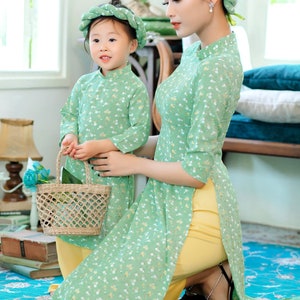 Mom and Daughter Cyan Matching Ao Dai Set With Headbands| Pre-made ...
