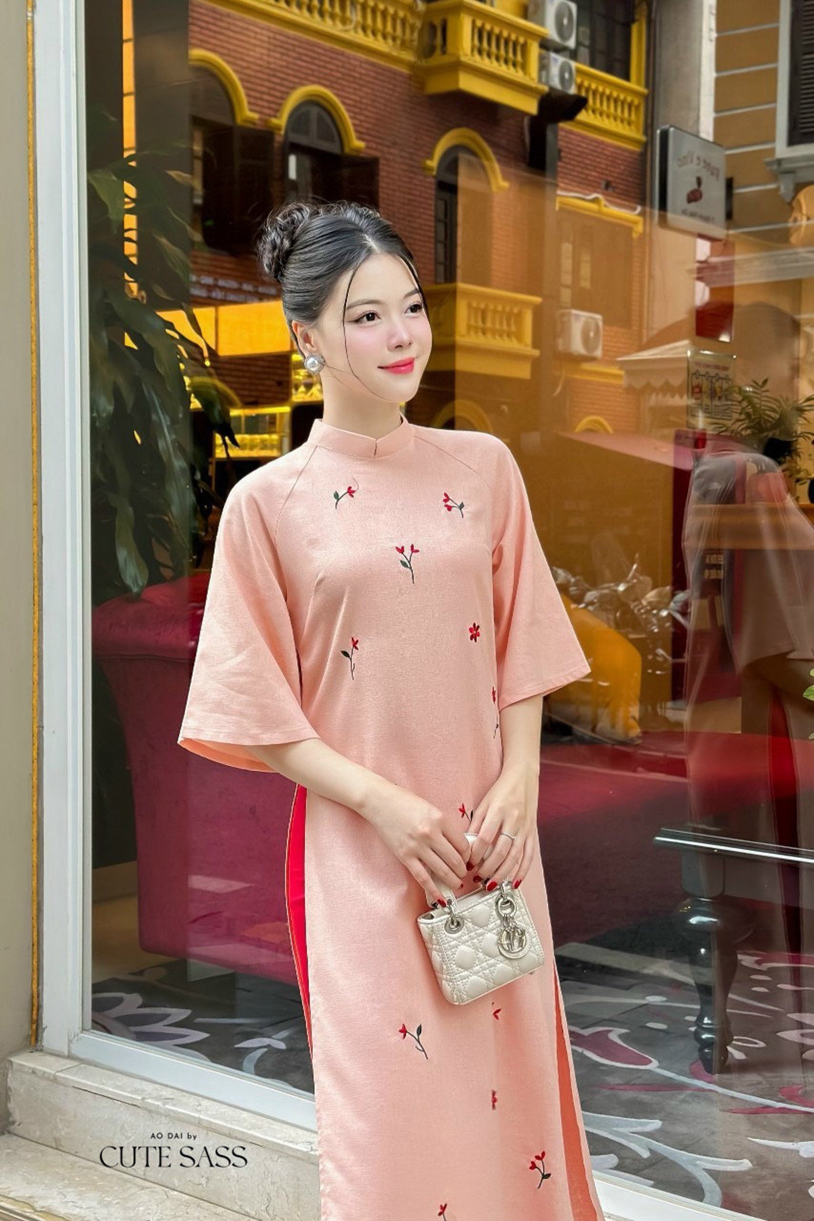Shifted Embroidery Peach Ao Dai Set 4a|pre-made Vietnamese Ao Dai|women ...