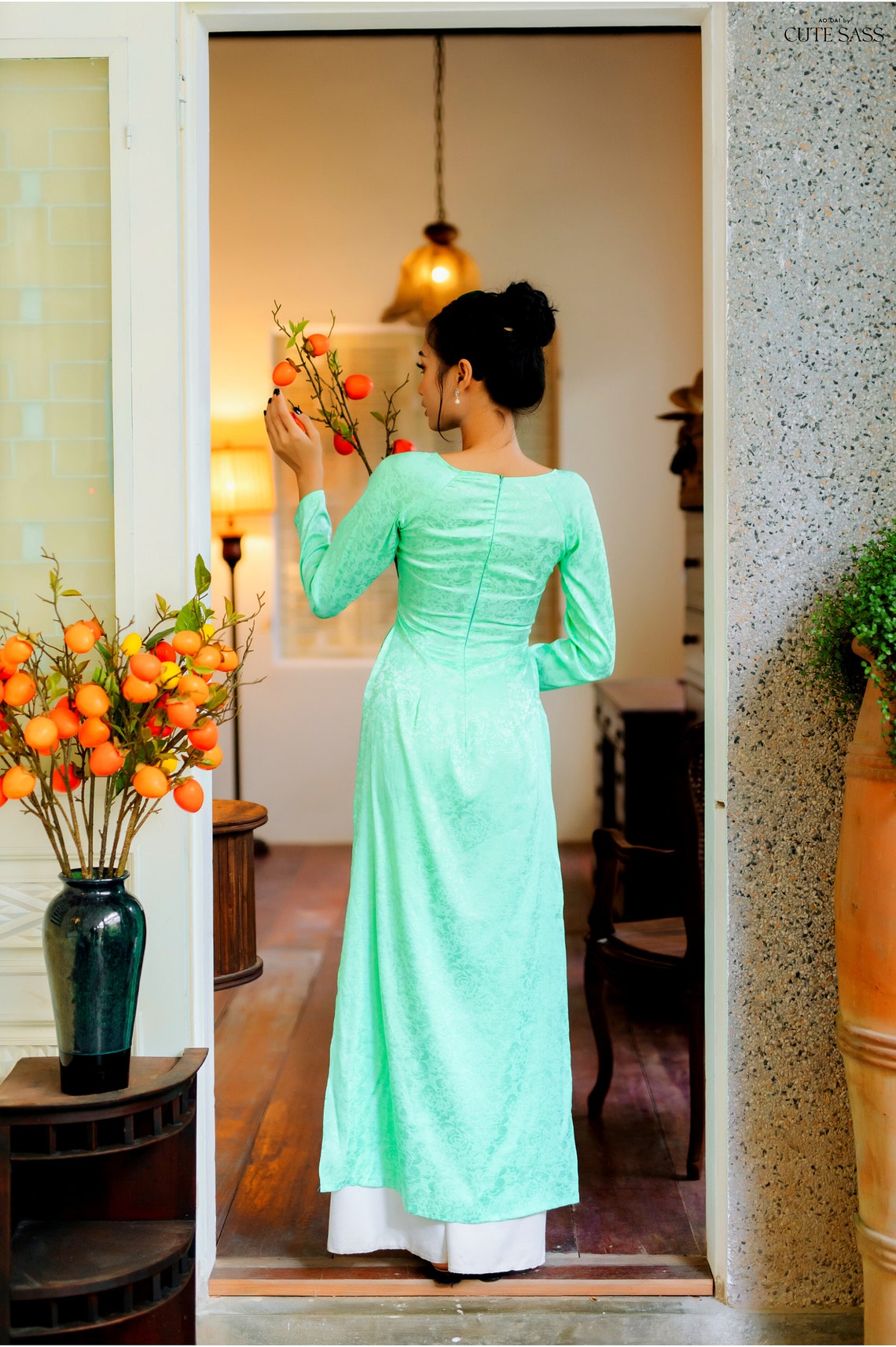 Cyan V Neck Gam Silk Ao Dai Set Pre-made Traditional - Etsy