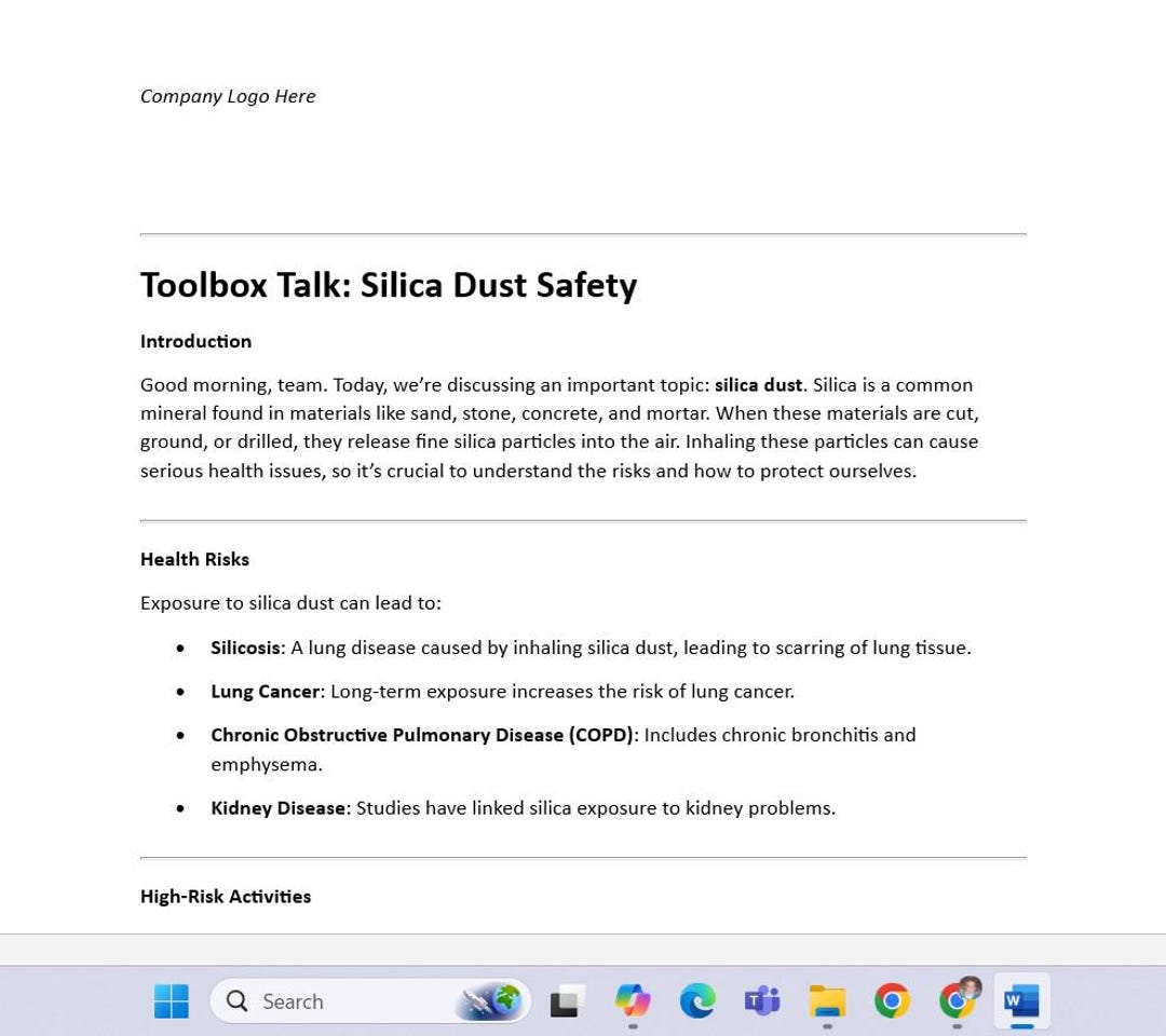 Silica Dust Toolbox Talk - Etsy