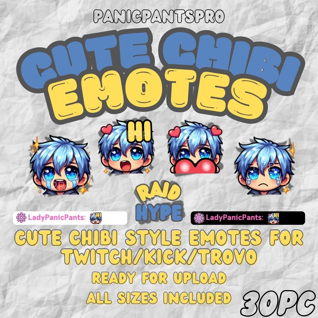 CUTE Chibi Blue Hair Emotes for Twitch/kick/trovo Streamers! Upload ...