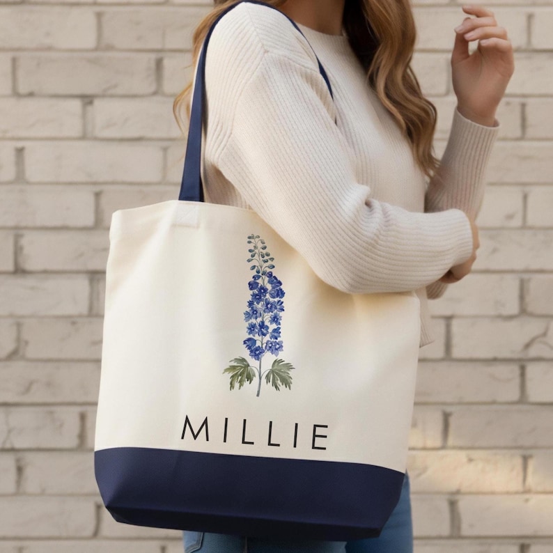 Birth Month Flower Canvas Tote Bag - Bridesmaid Gift, Custom Name Tote ...