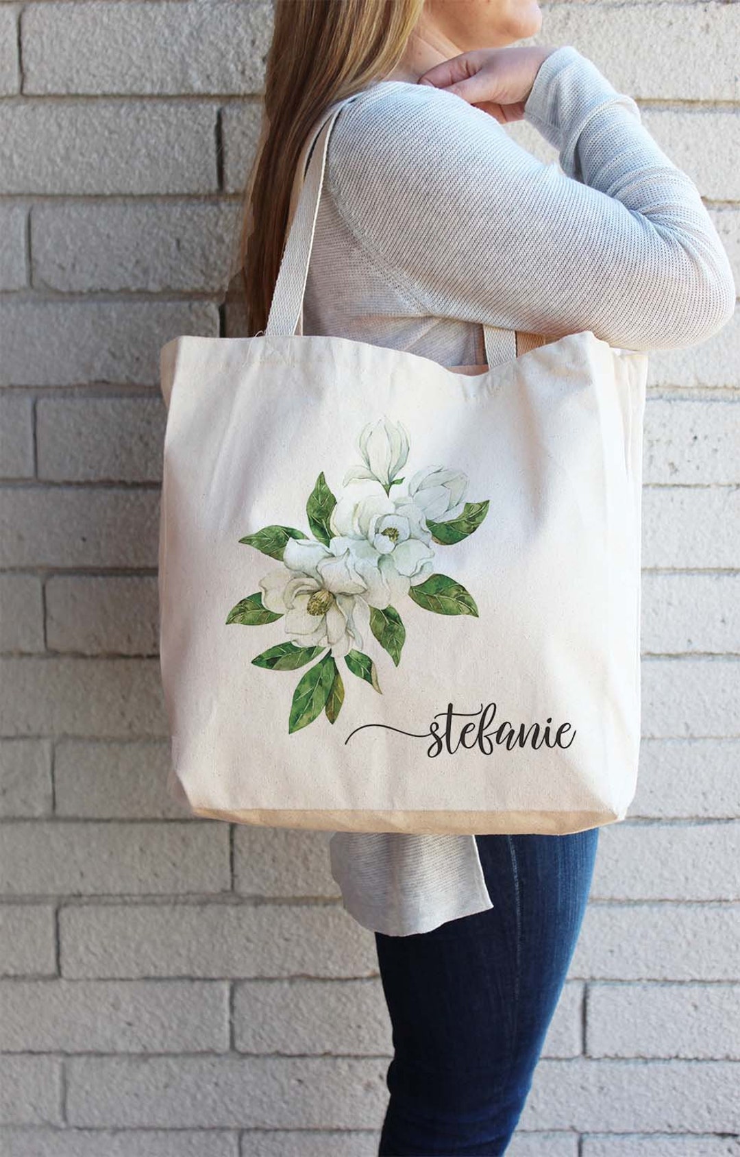 Magnolia Flower Personalized Canvas Tote Bag, Bridesmaid Gift - Etsy