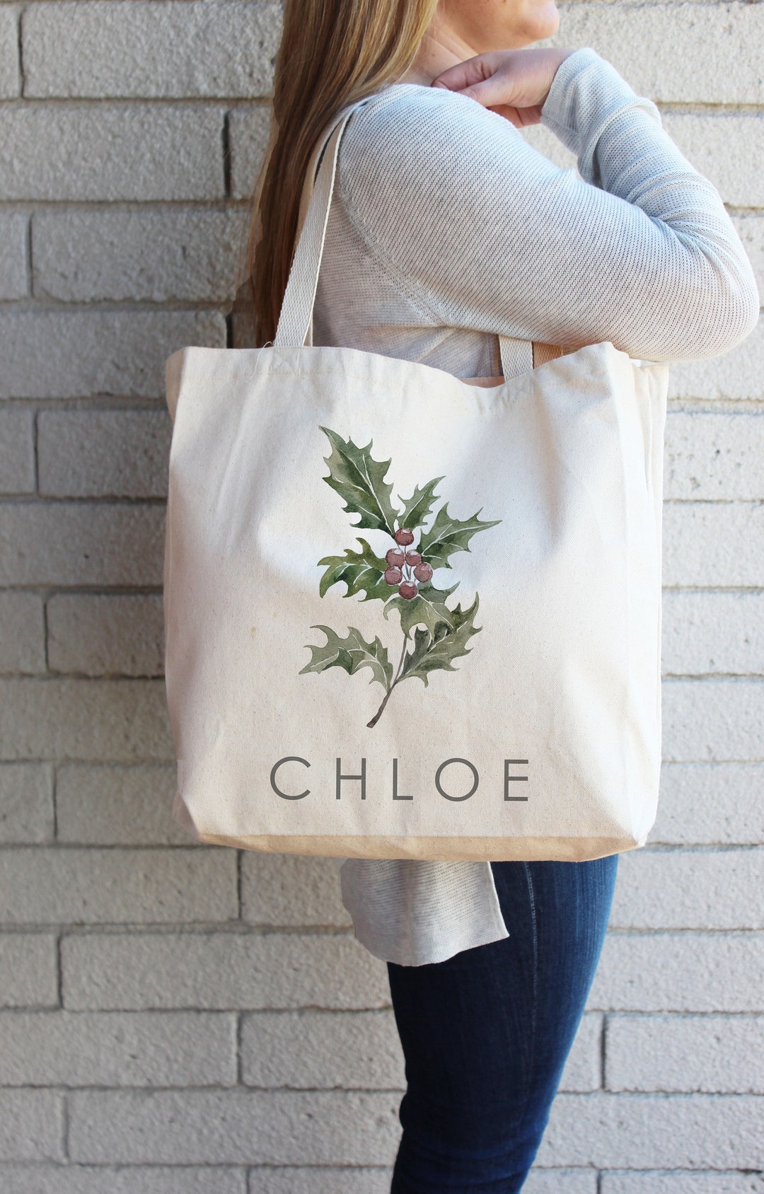 Holly Birth Flower Personalized Canvas Tote Bag, Christmas Gifts for Mom, Bachelorette ...