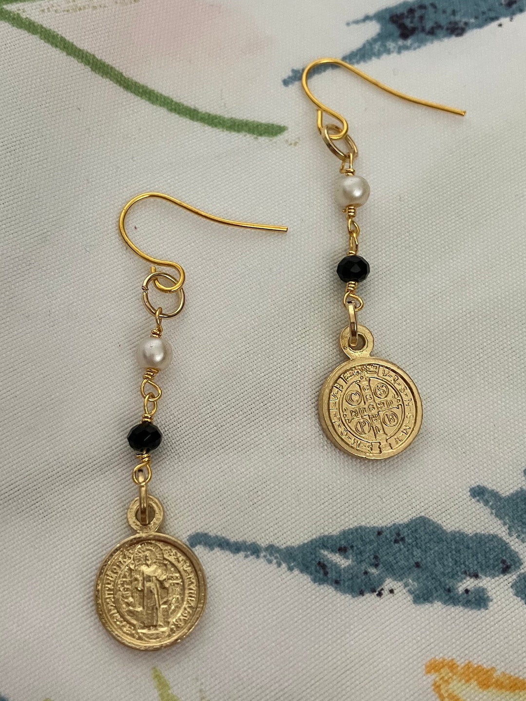 Mini Saint Benedict Medal - Beaded Dangle Earrings - Etsy
