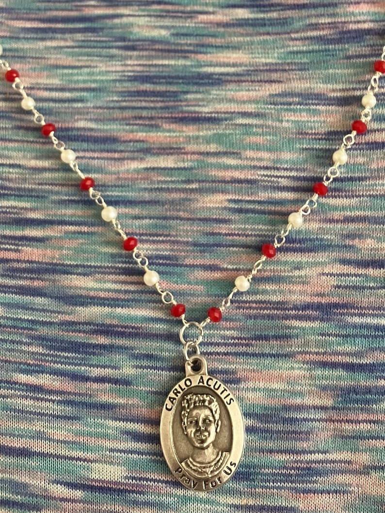 Carlo Acutis Blessed Sacrament/monstrance Double Sided Medal Beaded Red ...