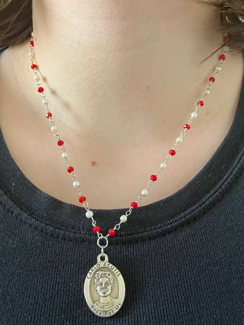 Carlo Acutis Blessed Sacrament/monstrance Double Sided Medal Beaded Red ...