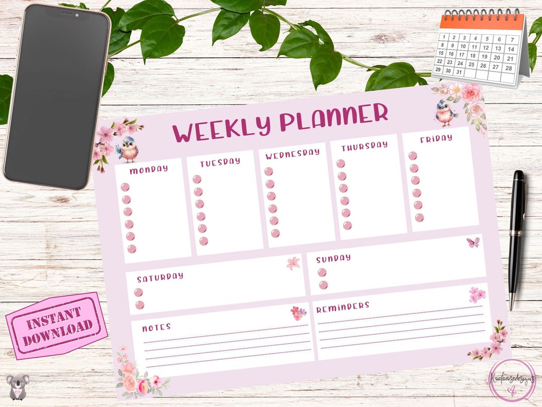 Printable Weekly Planner, Pretty Pink Planner, Instant Download, Weekly ...