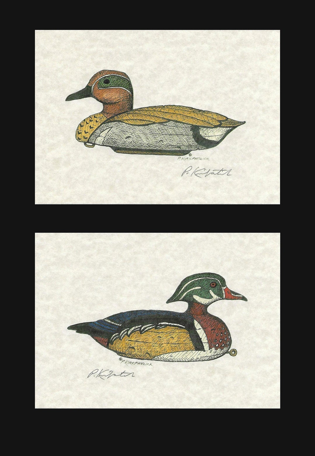 Duck Decoy Set, Wood Duck and Green-winged Teal Decoy Prints Signed by ...