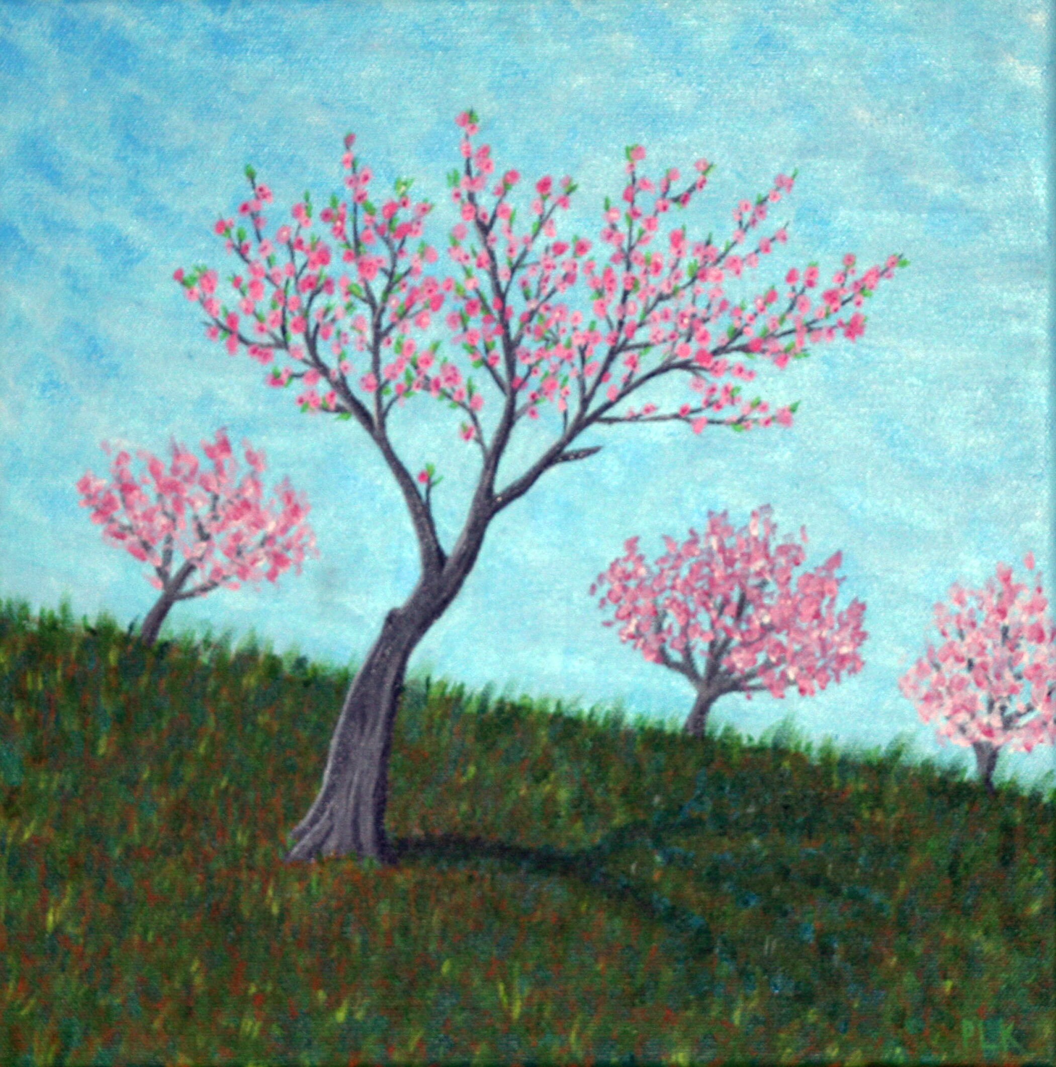 Old Elberta, Peach Trees in Spring With Pink Blossoms, Painting on ...