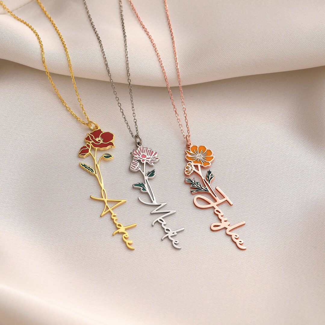 Colorful Birth Flower Necklace Birthflower Necklace With Name - Etsy
