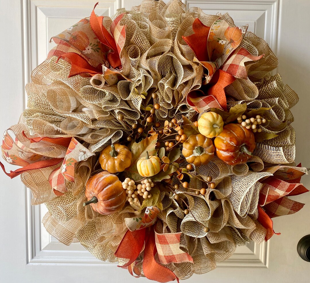 Rustic Autumn Wreath, Pumpkin Front Door Boho Wreath, Burlap Door ...