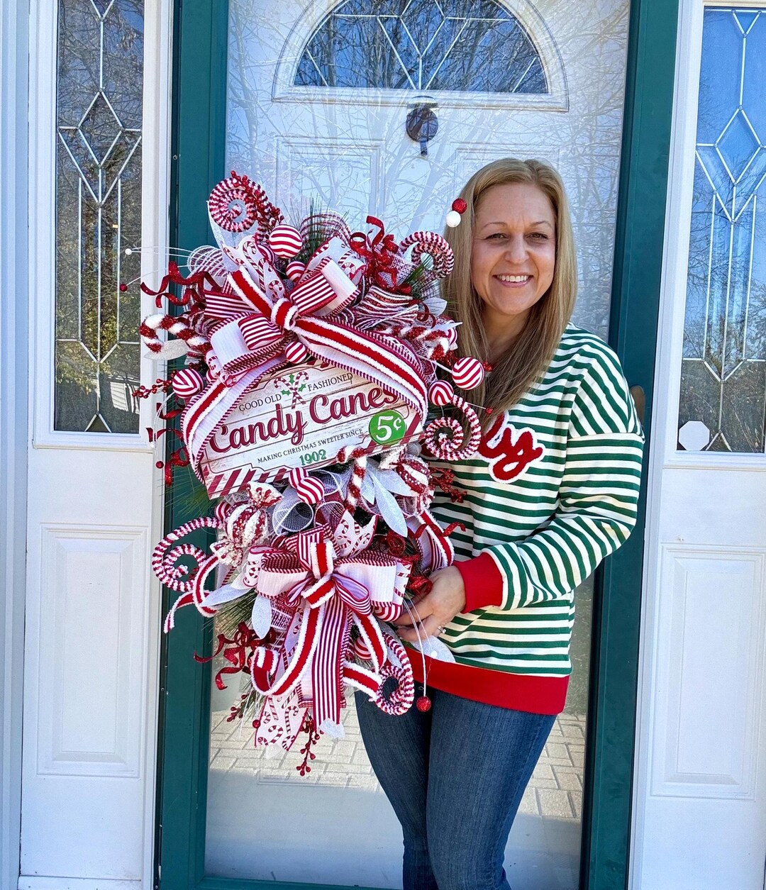 Candy Cane Swag Wreath for Front Door, Whimsical Candy Holiday Decor ...