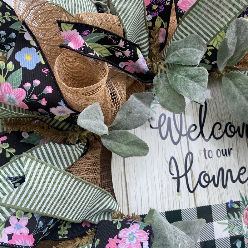Front Door Welcome Wreath With Sign and Handmade Bow, Spring Welcome ...