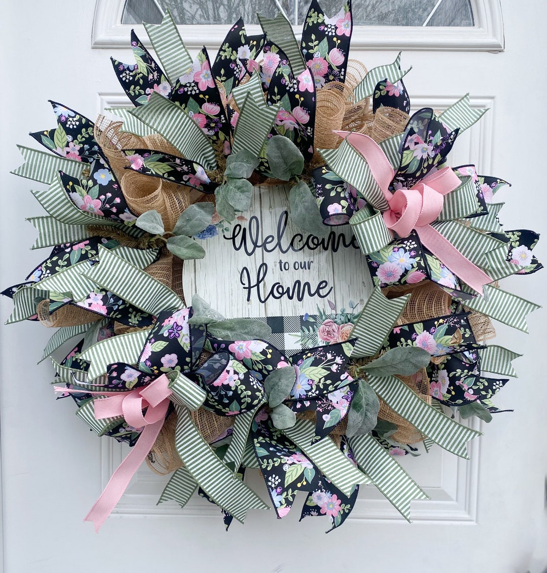 Front Door Welcome Wreath With Sign and Handmade Bow, Spring Welcome ...