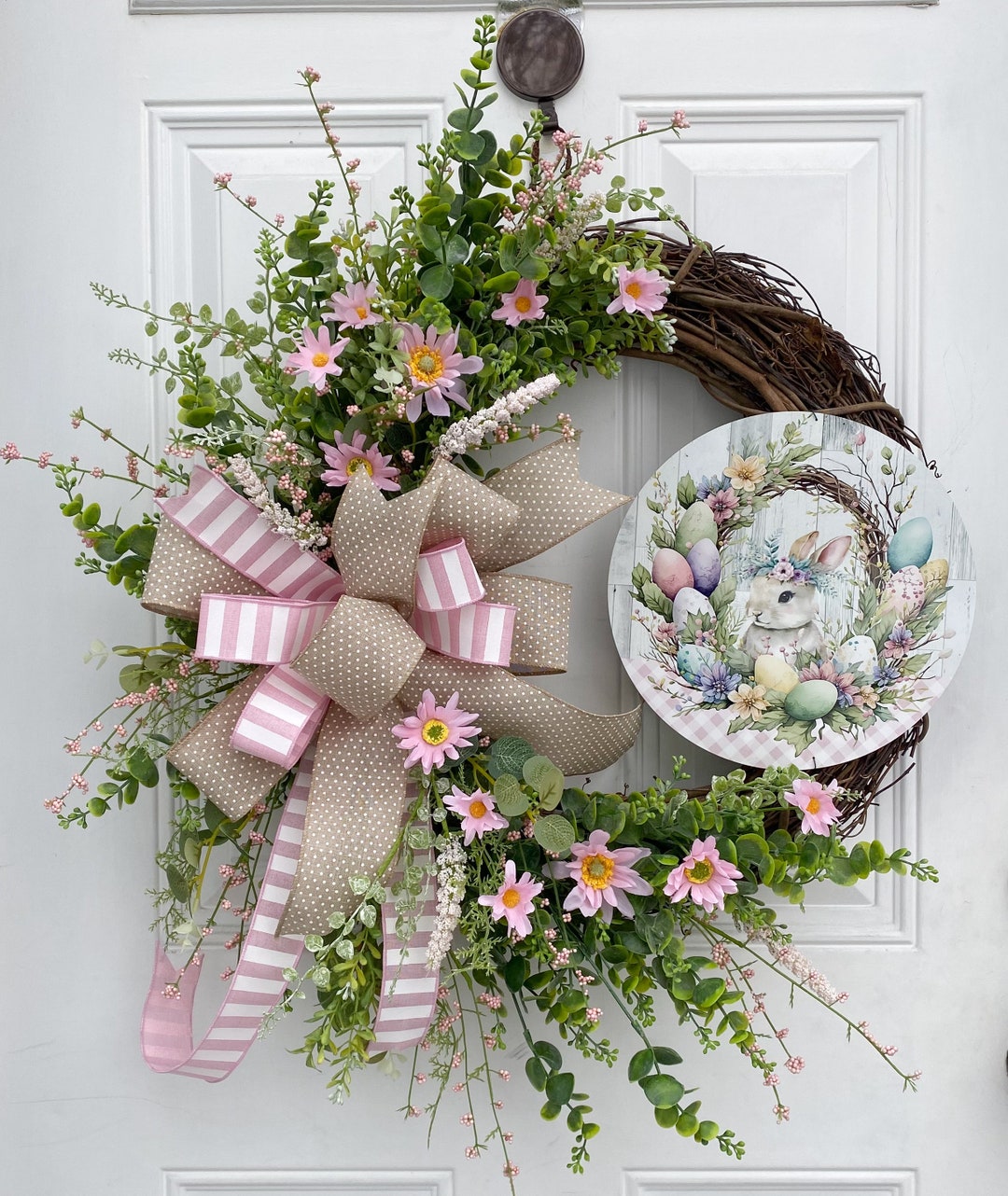 Large Greenery Easter Grapevine Wreath With Handmade Bow and Bunny Sign ...