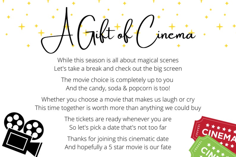Movie Ticket Gift Idea | Experience Gift | Printable Digital Poem ...