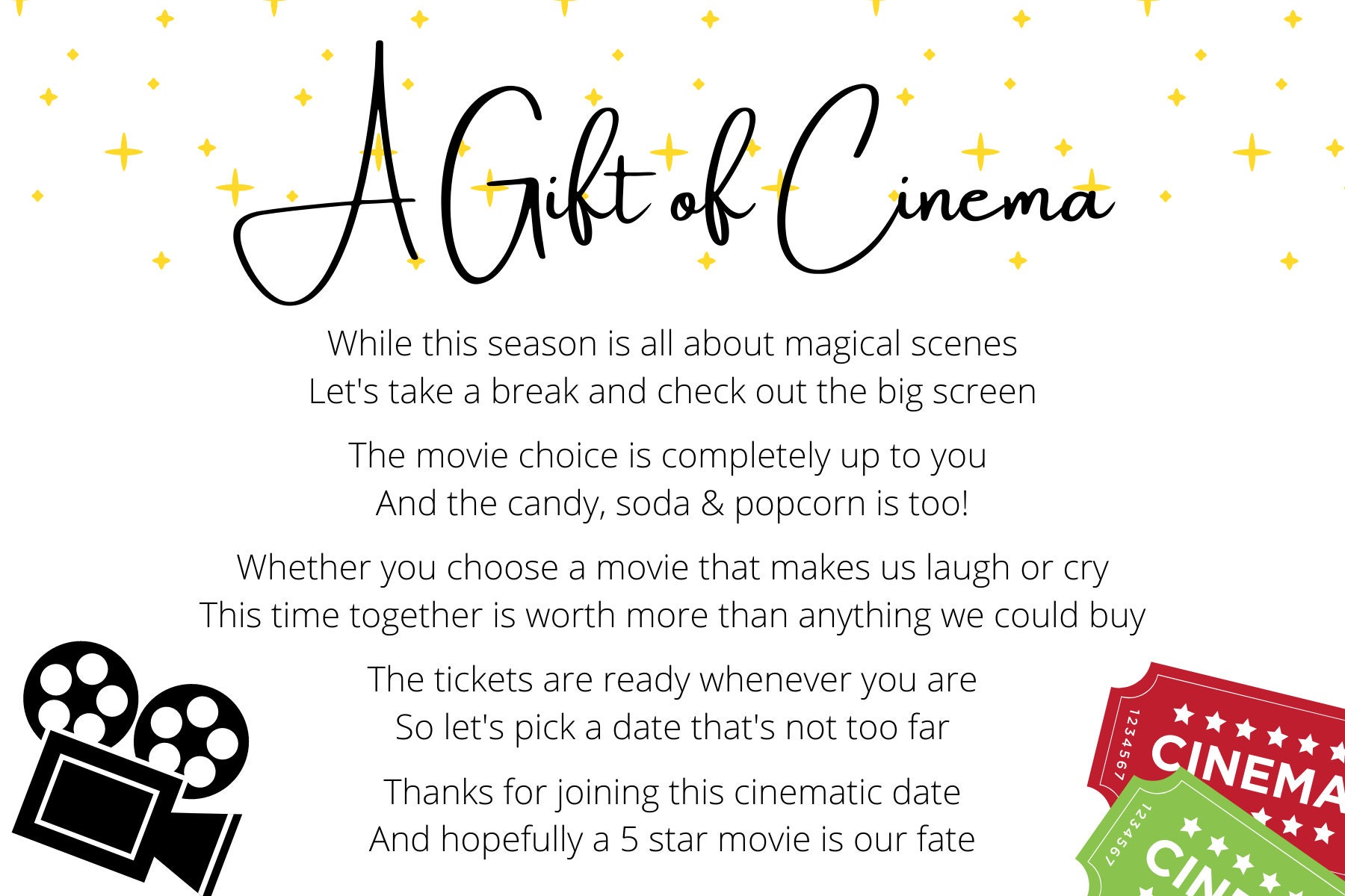 Movie Ticket Gift Idea | Experience Gift | Printable Digital Poem ...