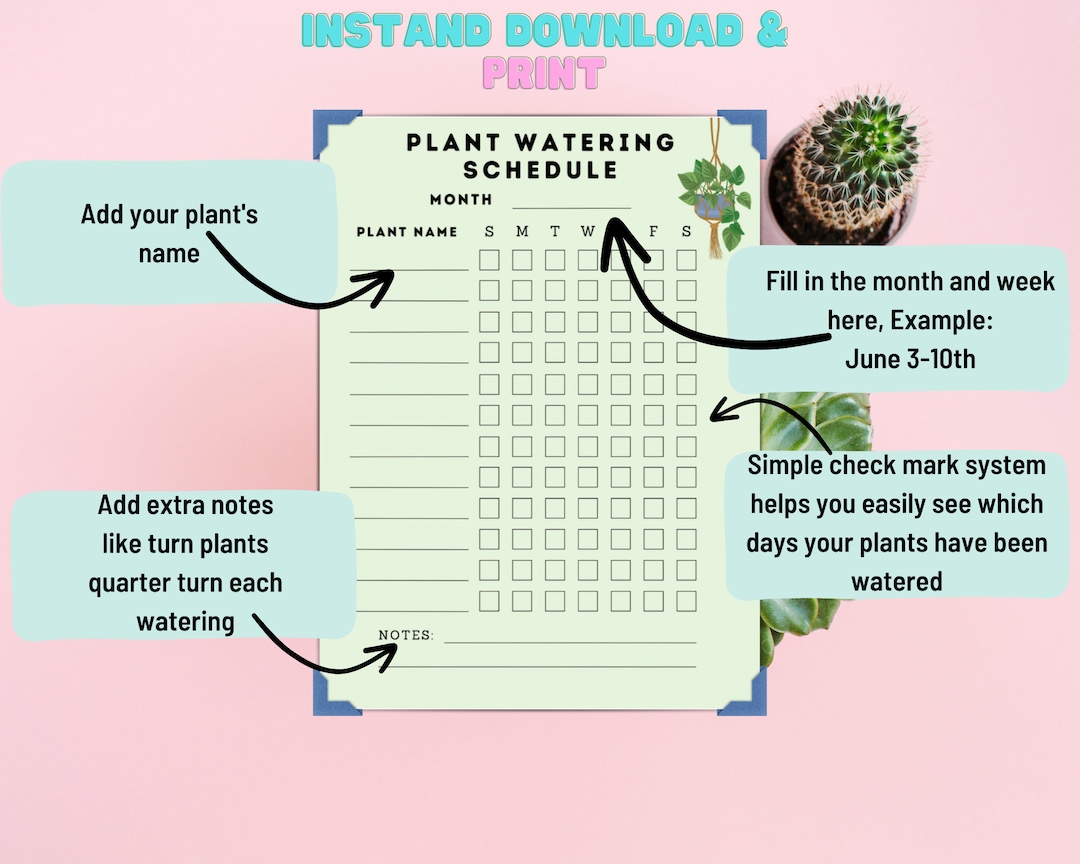 Plant Watering Schedule for House Plants, Plant Water Tracker, Plant ...