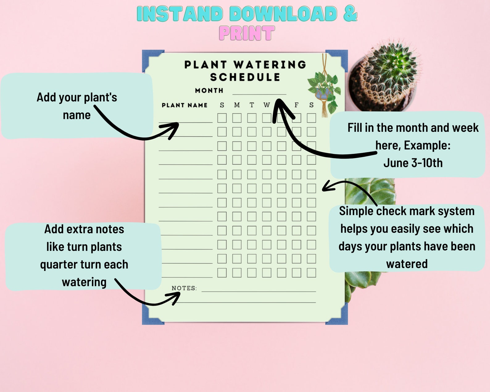 Plant Watering Schedule for House Plants, Plant Water Tracker, Plant ...