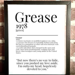 Grease 1978 Dictionary Description Quote Movie Print Vintage A5/A4/A3 ...