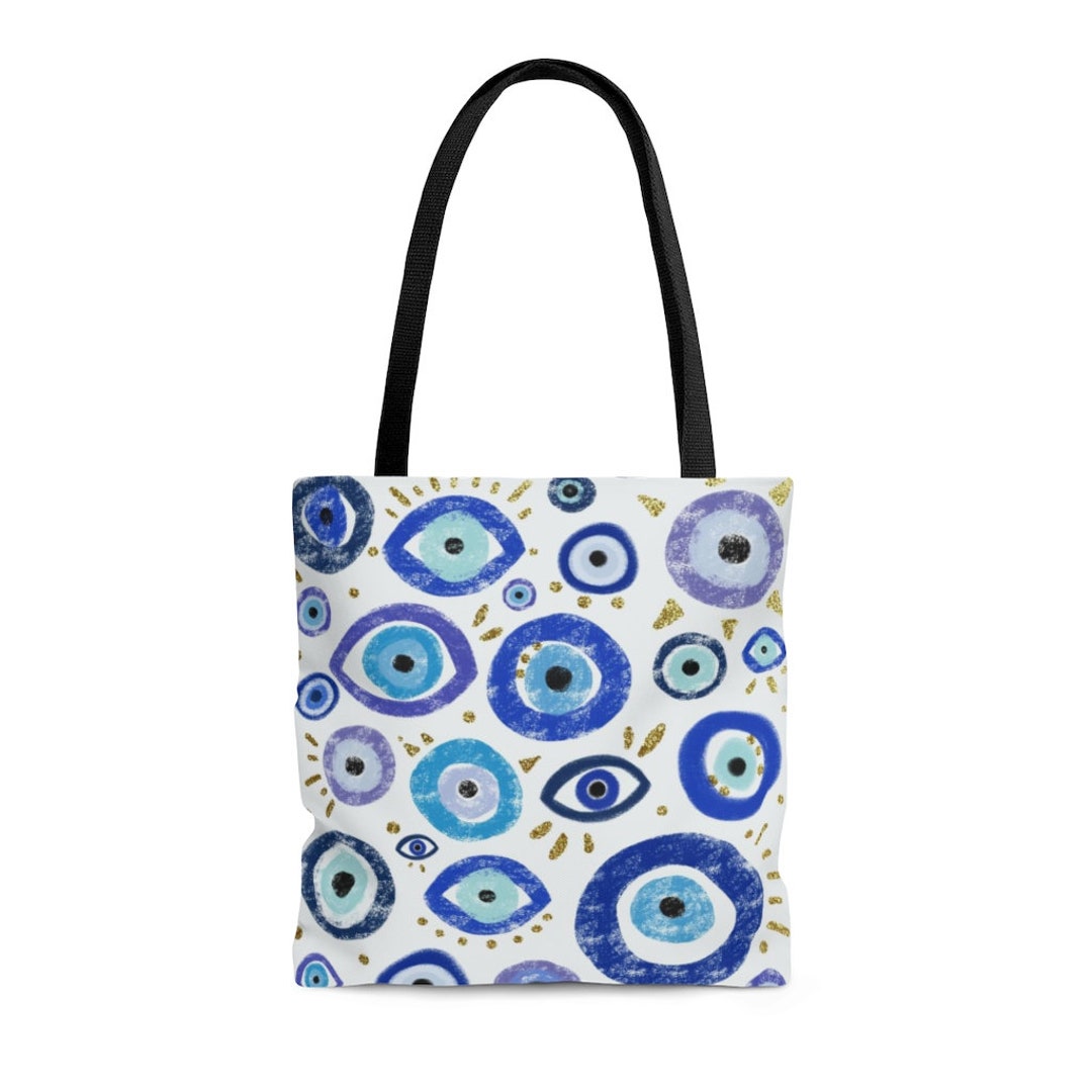 Evil Eye Pattern Tote Bag, Blue and Gold Protection Eye Shopping Bag ...