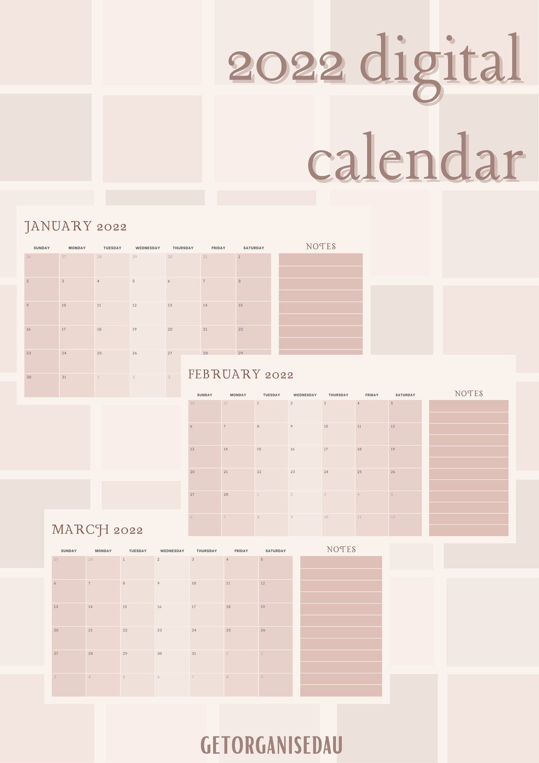 2022 Digital Calendar, PDF Download, Printable Calendar - Etsy