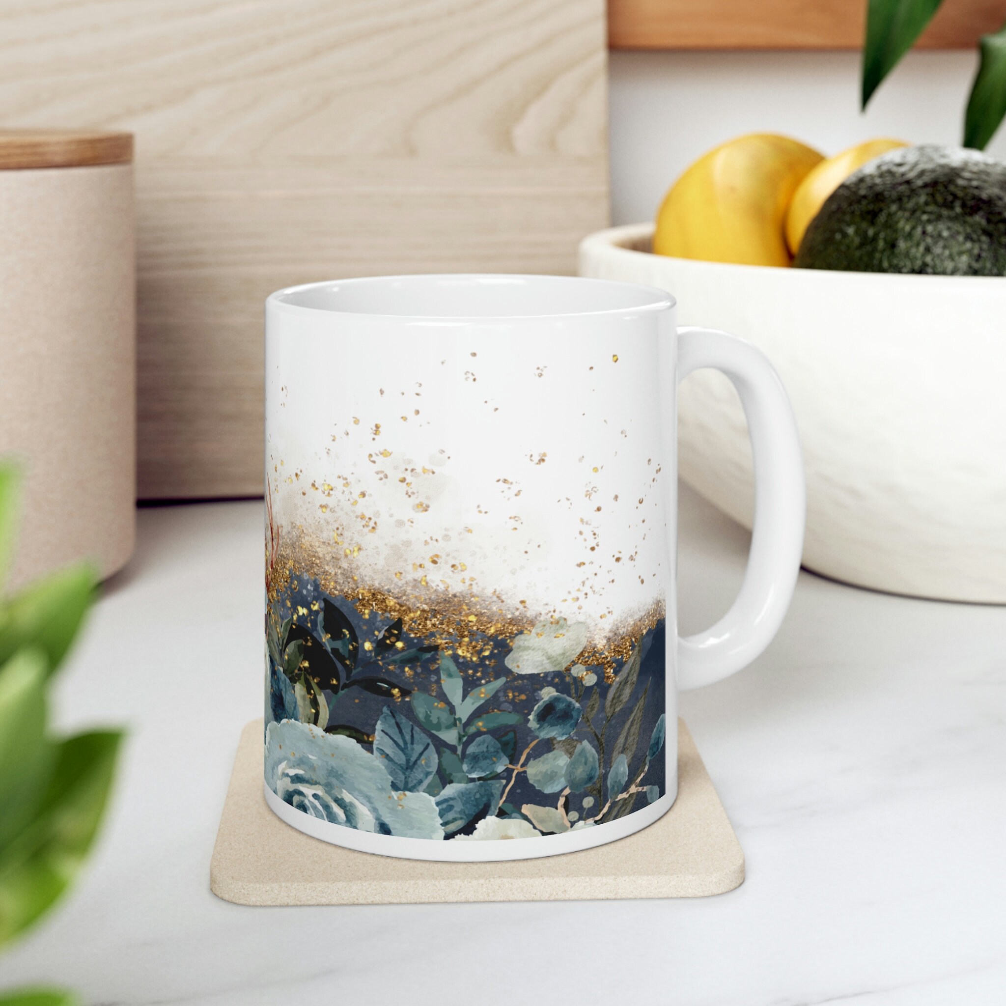Blue Floral and Gold Glitter Coffee Mug Gift Watercolor Blue - Etsy