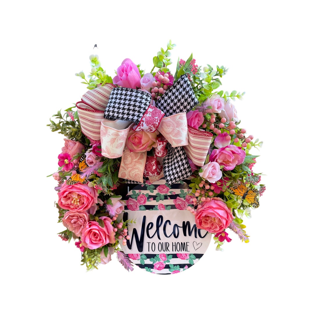 Floral Welcome Grapevine Wreath With Beautiful Pink Roses, Everyday ...