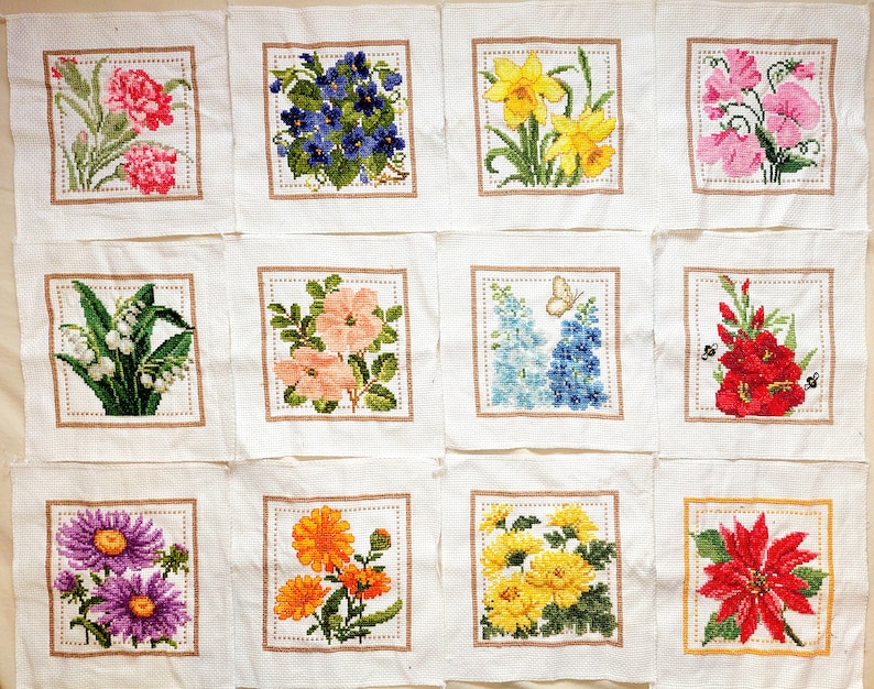 Handmade Completed Finished Cross Stitch Twelve Months Flower Series 12 ...