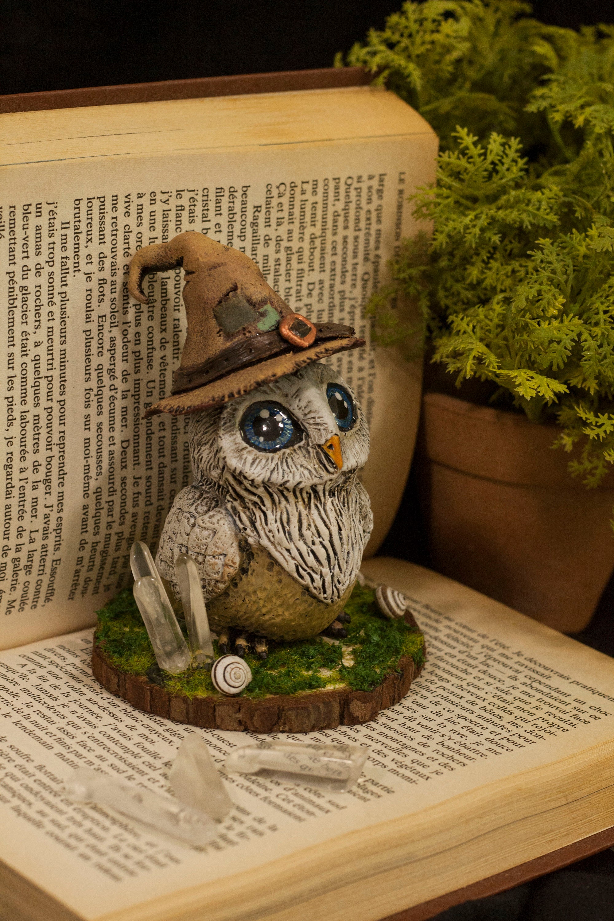 Magical White Owl With Wizard Hat, Decorative Figure With Wooden Base ...