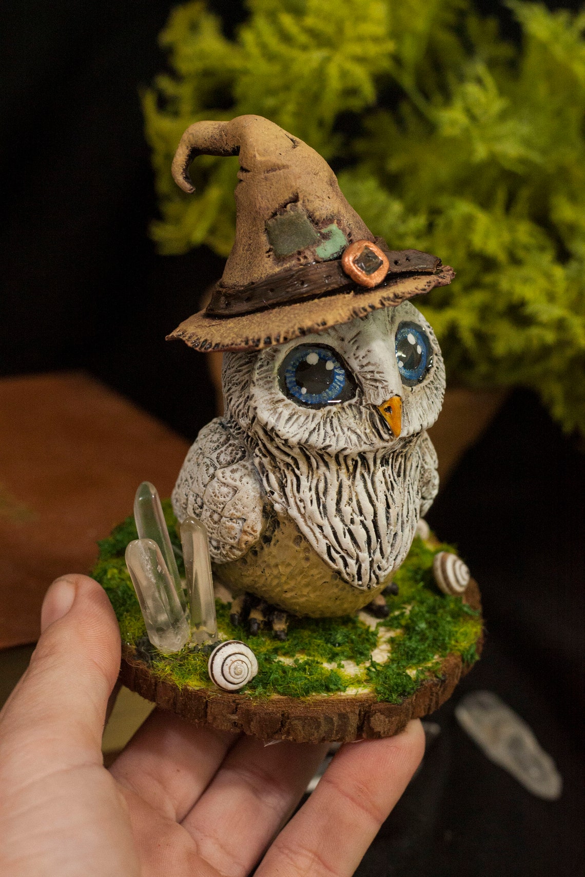 Magical White Owl With Wizard Hat, Decorative Figure With Wooden Base ...