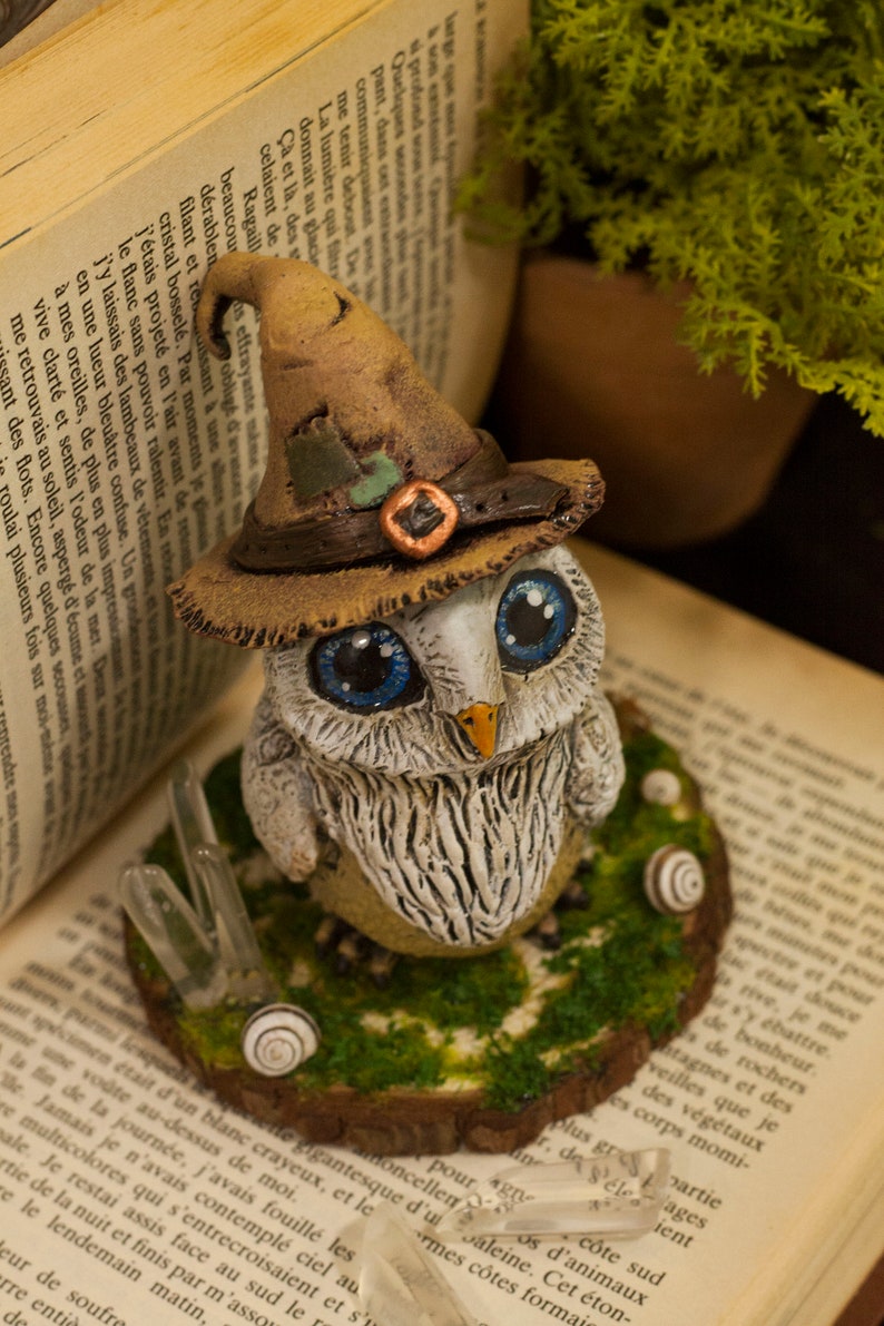 Magical White Owl With Wizard Hat, Decorative Figure With Wooden Base ...