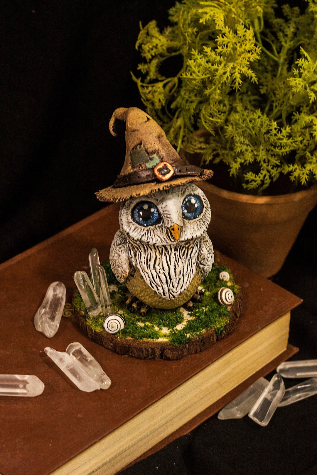 Magical White Owl With Wizard Hat, Decorative Figure With Wooden Base ...
